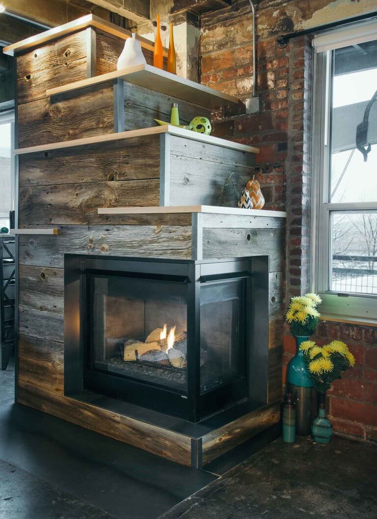 Downtown Loft Warms Up: Barn Wood, Birch and Steel Fireplace Reface